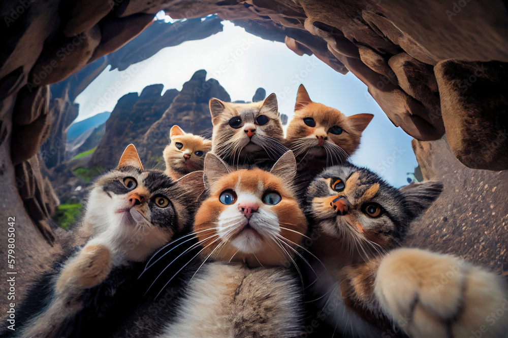 Highly defined macrophotography selfie of a group of cats huddled ...