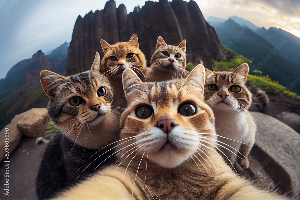Highly defined macrophotography selfie of a group of cats huddled ...