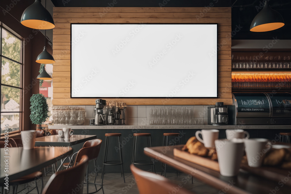 A large blank TV screen mounted on a wall in a coffee shop., cafe ...