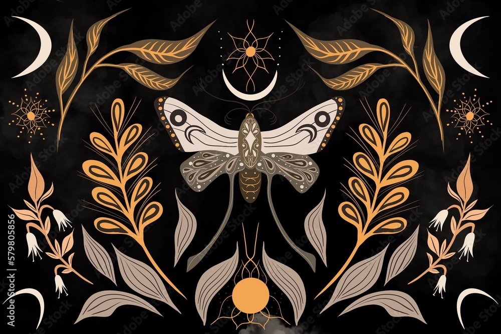 Mystical moth with moon and floral elements on dark background Stock ...
