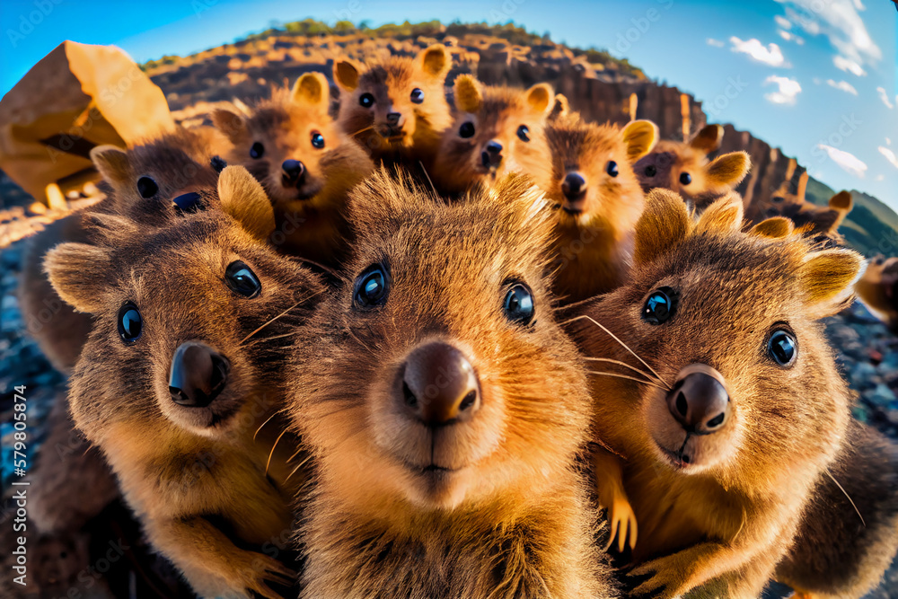 Highly defined macrophotography selfie of a group of Quokkas huddled ...