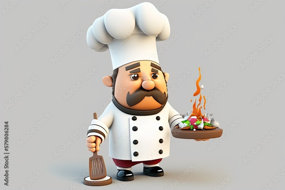Chef with spatula and burning food on white background. Cartoon Chef ...