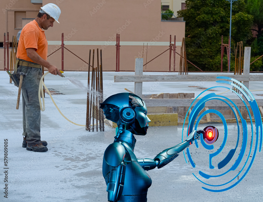 Construction worker watering fresh concrete slab using a hose Stock ...