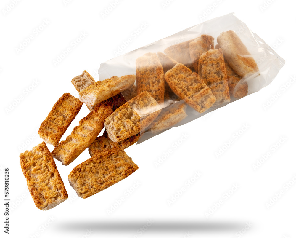 Bread croutons coming out of transparent envelope Stock Photo | Adobe Stock