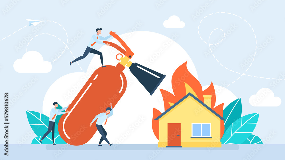 A burning house is being extinguished from extinguisher. Fireman team ...