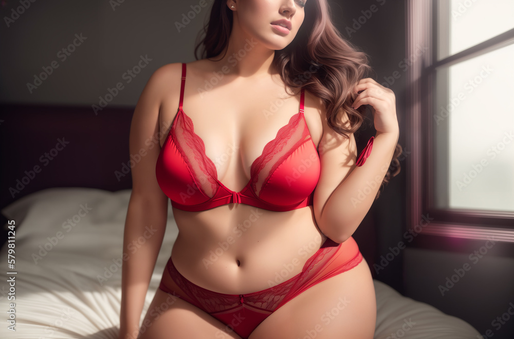 Beautiful Plus Size Brunette Woman In Red Lingerie In A Modern Interior Is Lying On The Bed