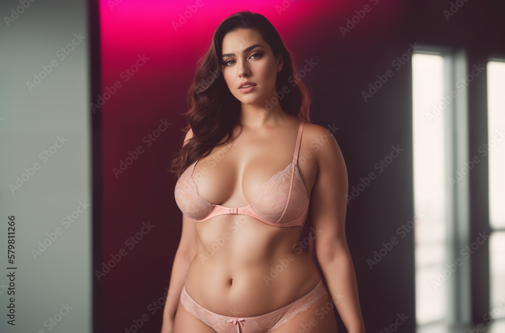 Beautiful plus size brunette woman in pink lingerie in photo studio. Generative AI. Stock ...