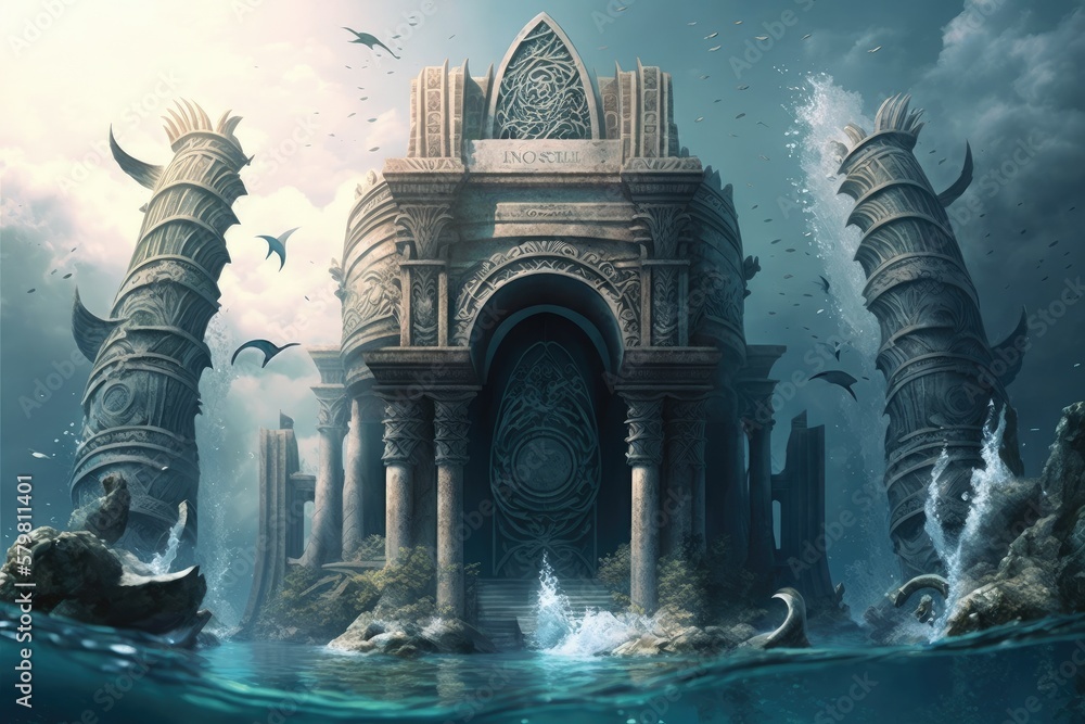 Ancient Atlantis city building remainings underwater on ocean bottom ...