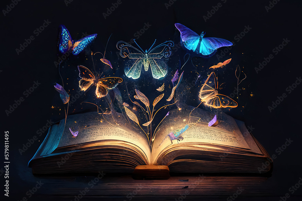 Mystical library scene with old magic books emitting a soft glow ...