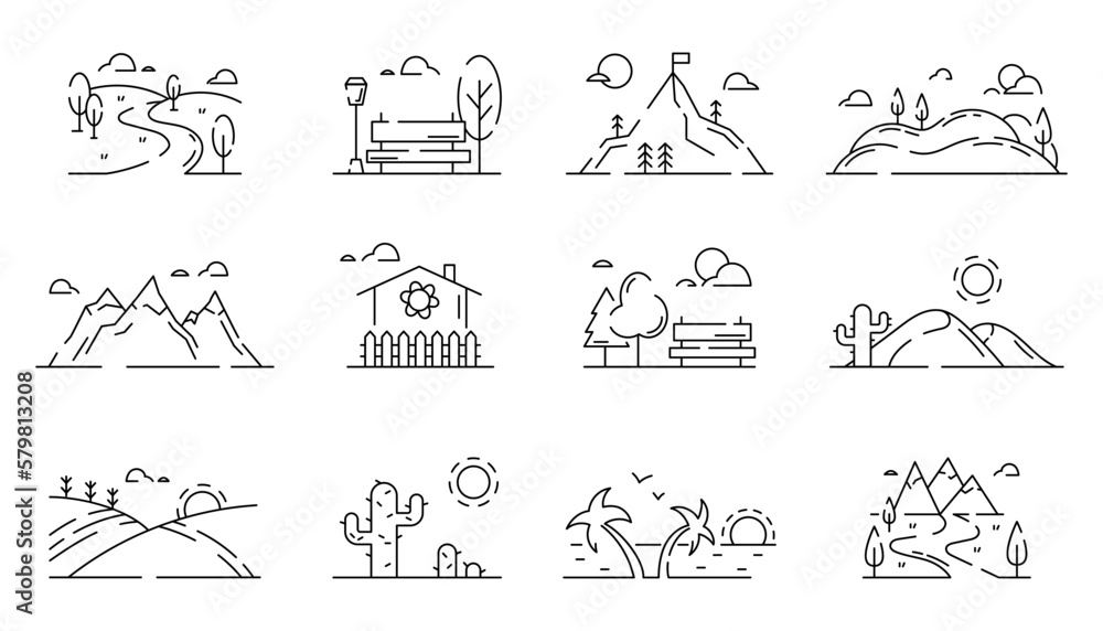 Nature landscape icons. Mountains and meadows. Desert cactus. Rock ...