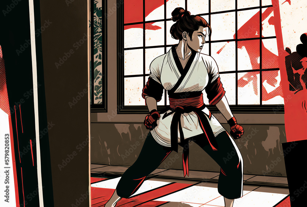 Woman using martial arts in a dojo, concentrated and determined ...