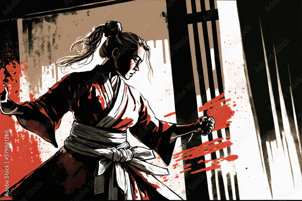 A martial artist in a dojo, focused and determined - shades of red ...