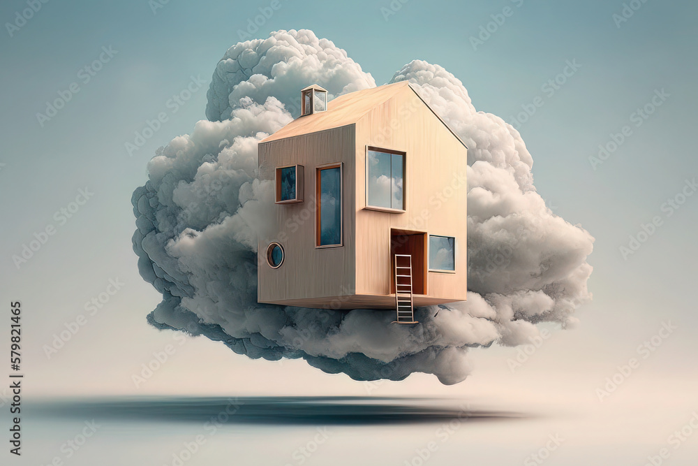 A surreal image of a house floating above a blanket of white fluffy ...