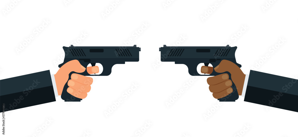 Vector illustration of hands hold and pointing two guns on white ...