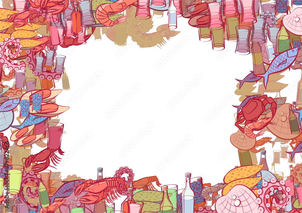 Background pattern abstract design texture. Seafood and Alcohol. Border ...
