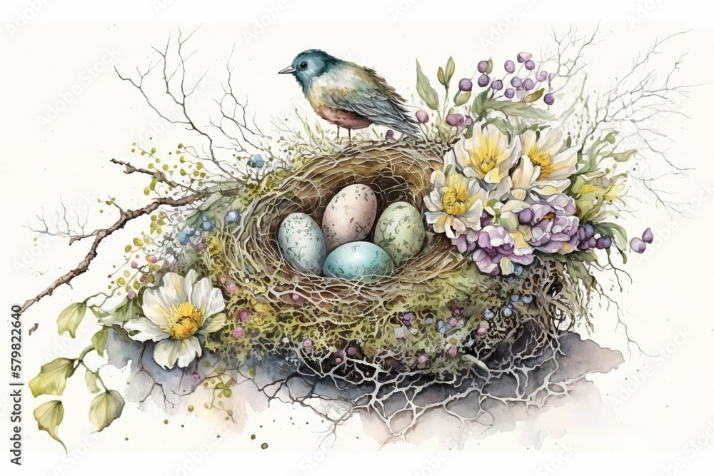 Colorful bird nest with flowers on white background watercolor ...