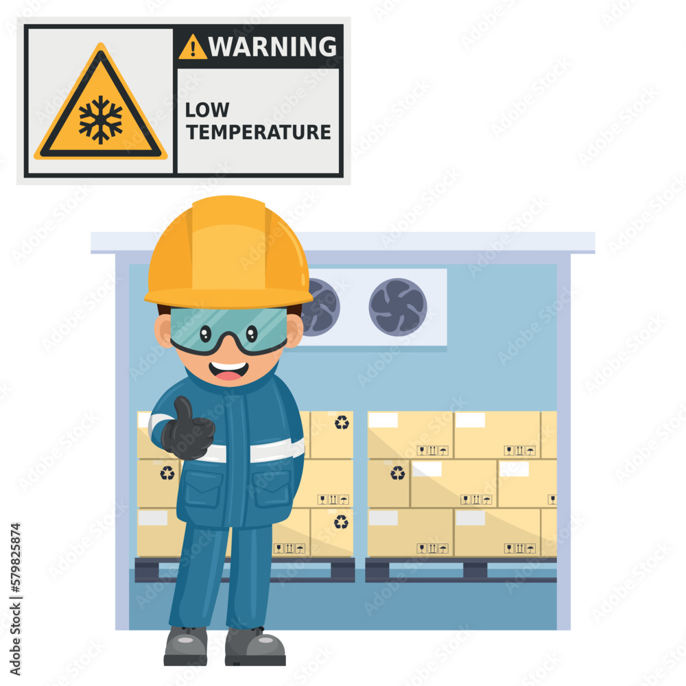 Warning low temperature, freezing conditions. Worker with a cold jacket ...