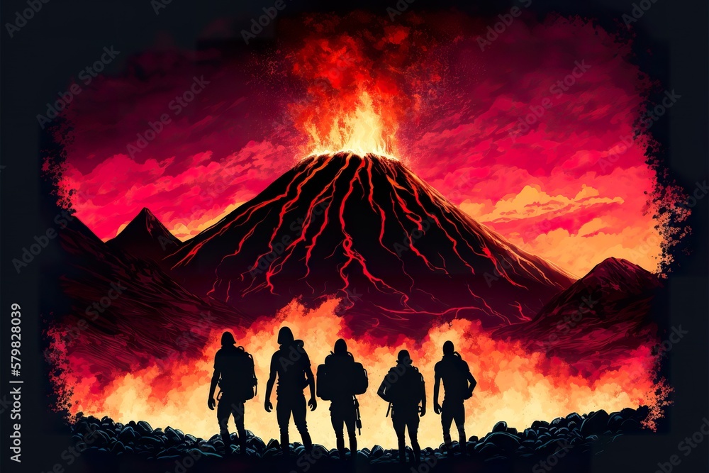 Silhouette of a group of people in front of an erupting volcano Ai ...