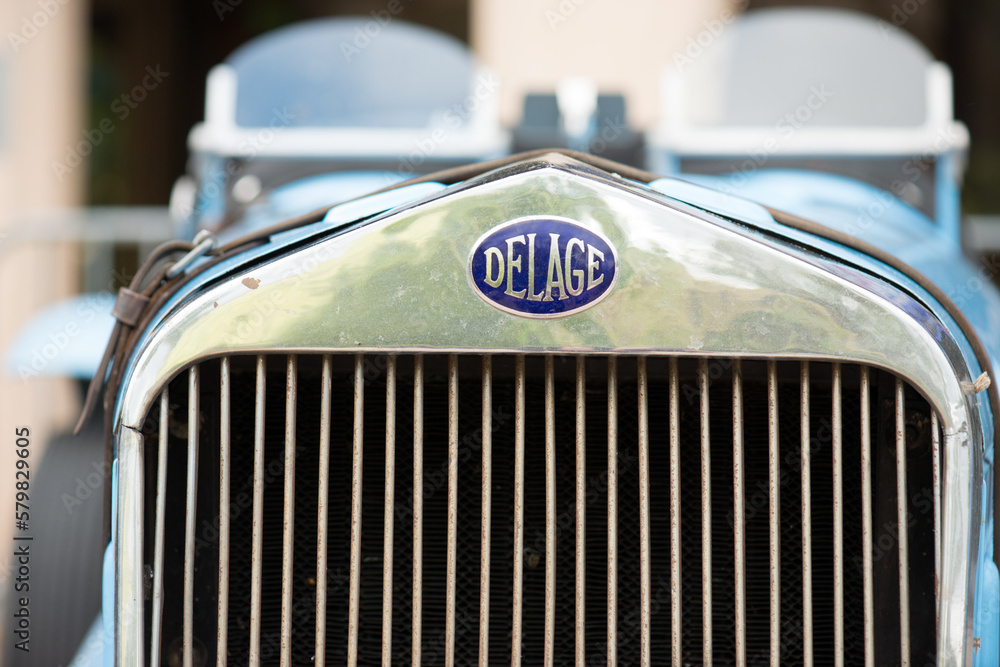 old vintage car detail - logo Delage - Stock Photo | Adobe Stock
