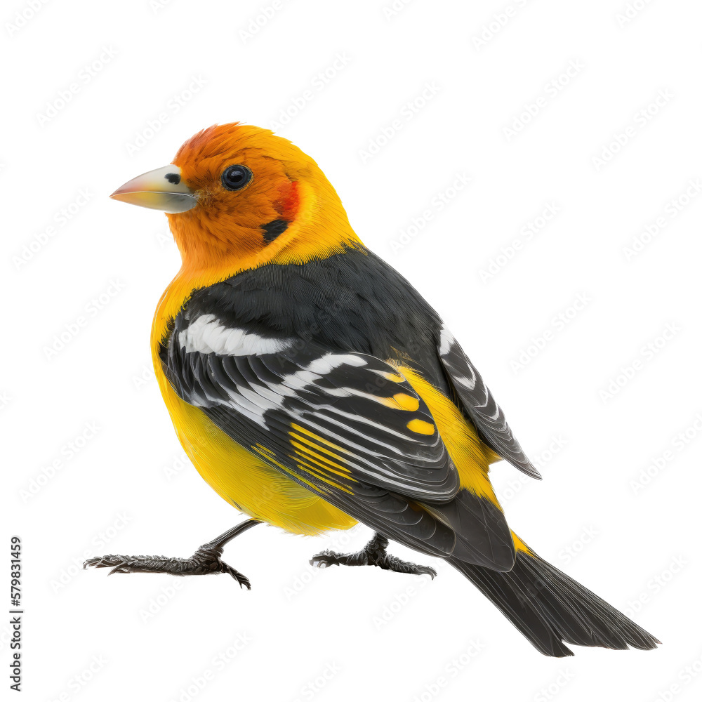 Orange and yellow Tanager standing still, png, transparent background, generative ai, vertical ...