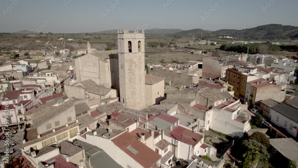 Orbital Drone 4K flight towards the Arciprestal Church of Sant Mateu ...