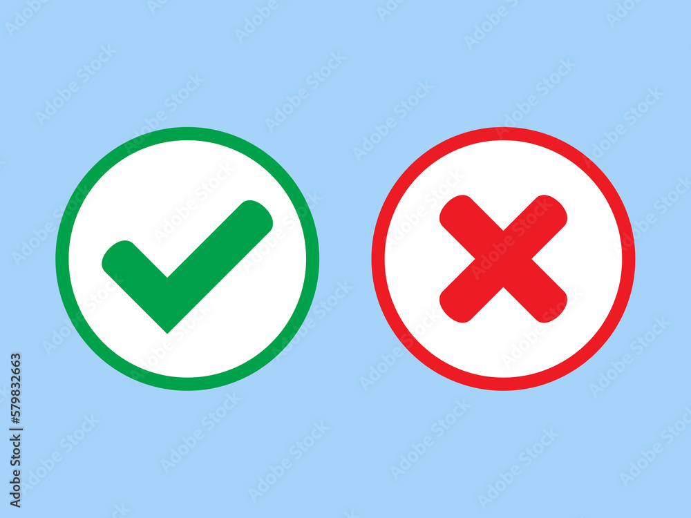 Green tick and red cross checkmarks in circle flat icons. Yes or no ...