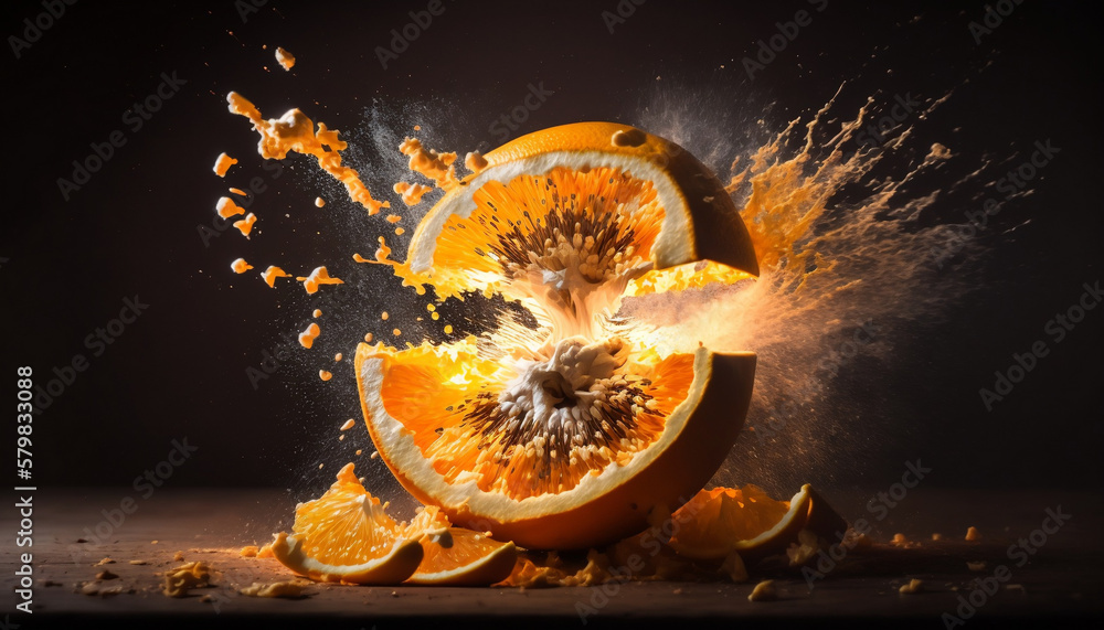 exploding orange with dark background, presentation, wallpaper, effects, exploding food Stock ...