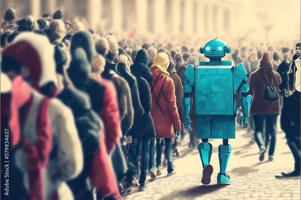 The robot walks among a crowd of people Ai Generate Stock Illustration ...
