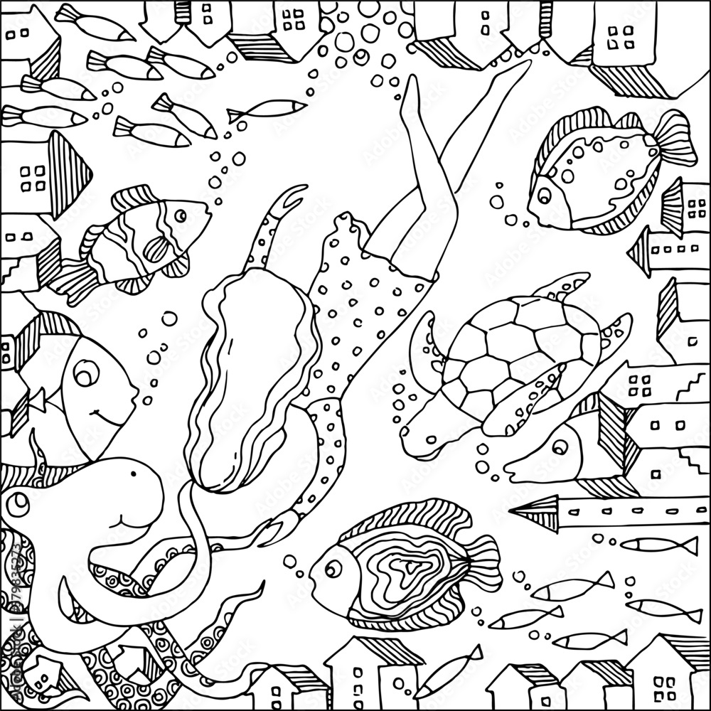 Underwater world. Coloring page. Girl swim and diving in sea. Hand ...