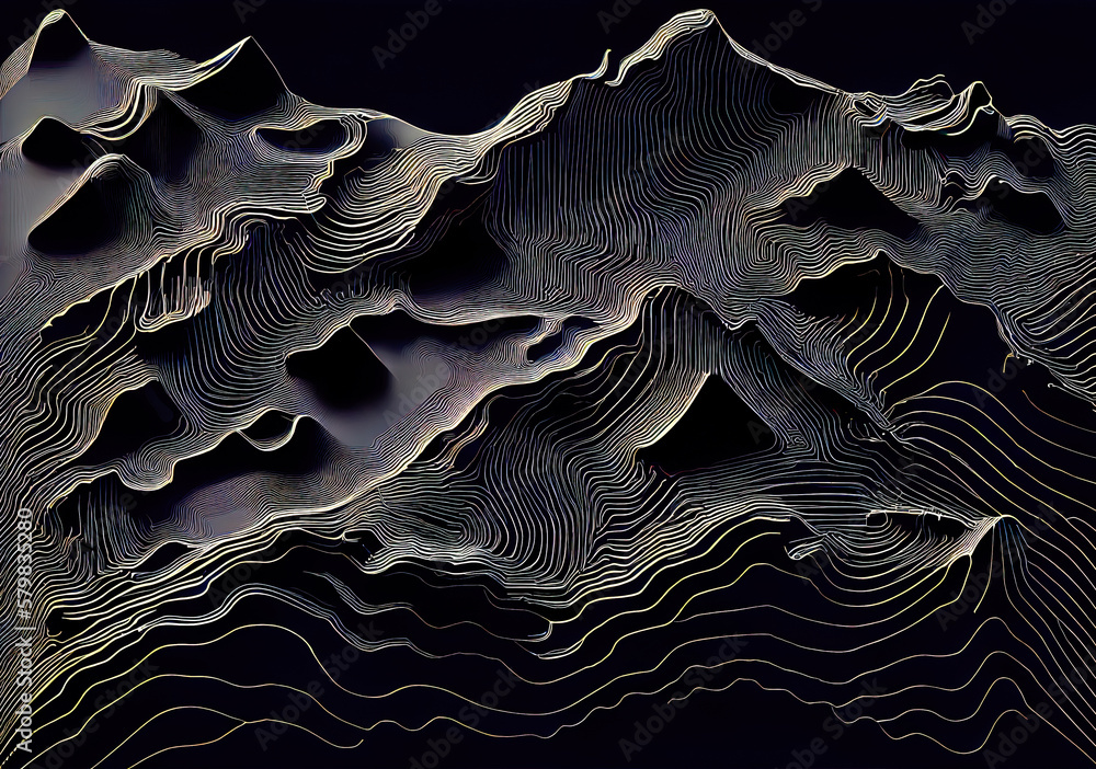topographic 3d map of abstract mountains on black background ...