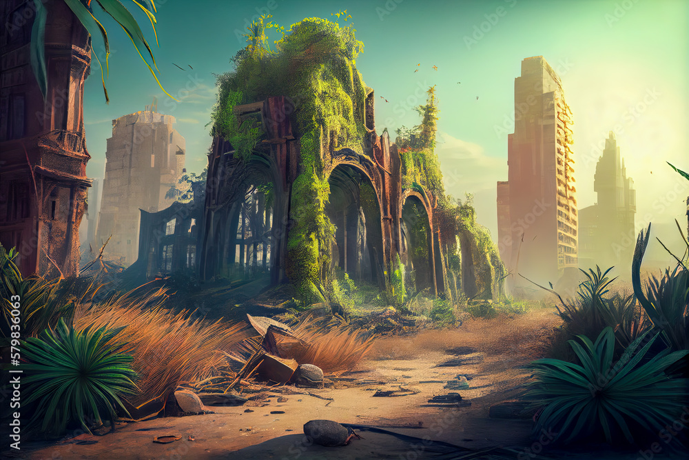 Ruins overgrown with forest. Futuristic ruined city. Generative AI ...