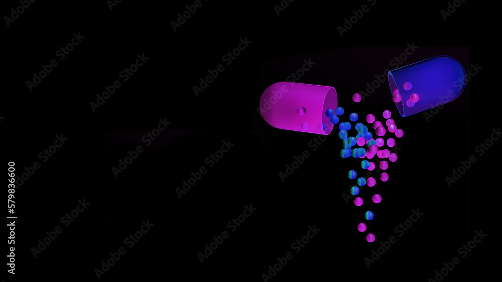 Realistic medical opened capsule pill. Colorful violet and pink medical ...
