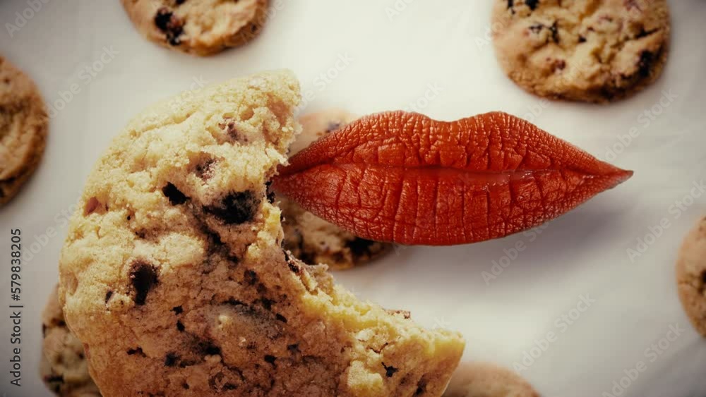 Female Mouth Chewing Cookie Bite Sweet Food Background. Female mouth ...