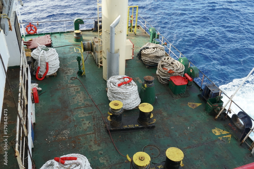 Aft mooring station situated on stern part of container ship behind ...