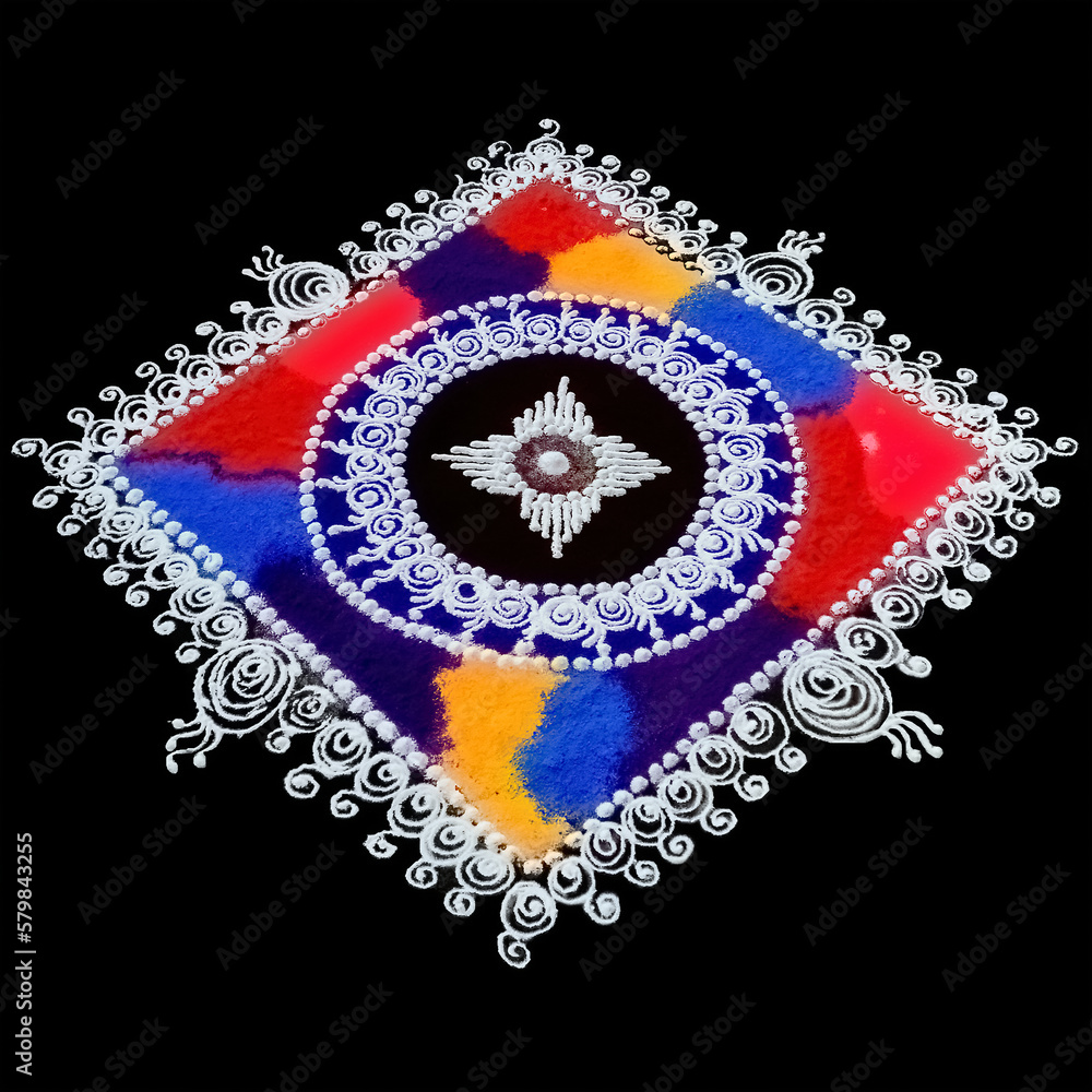 Colorful rangoli art on black background. This art made with using ...