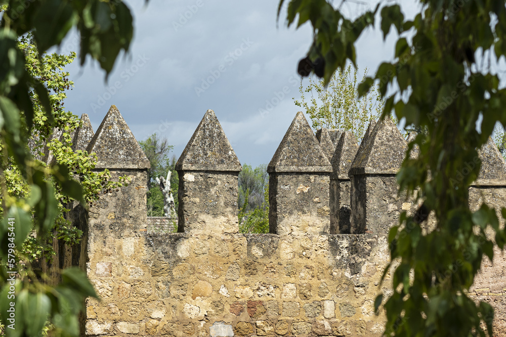 Almenas en lo alto de una muralla vistas entre las ramas de los arboles ...