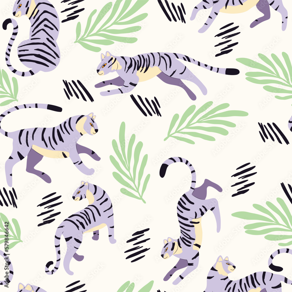 Seamless pattern with hand drawn exotic big cat purple tiger, with ...
