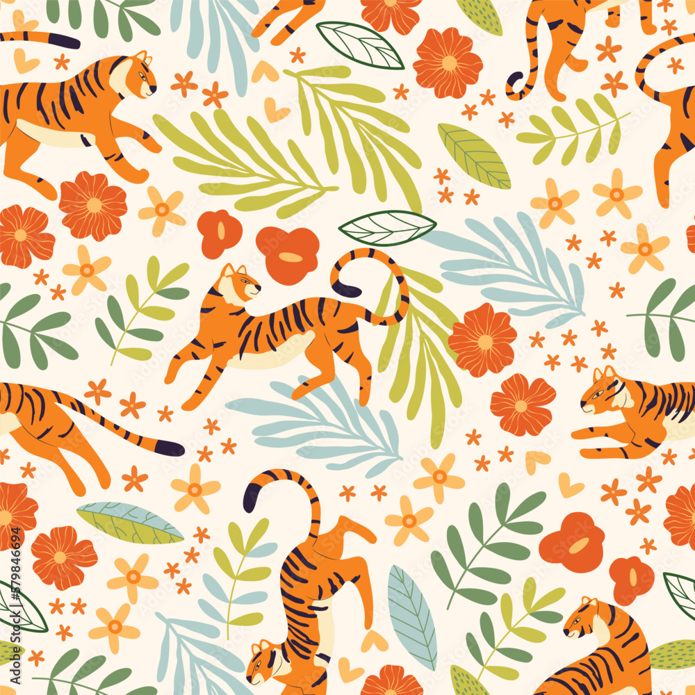 Seamless pattern with hand drawn exotic big cat tiger, with tropical ...