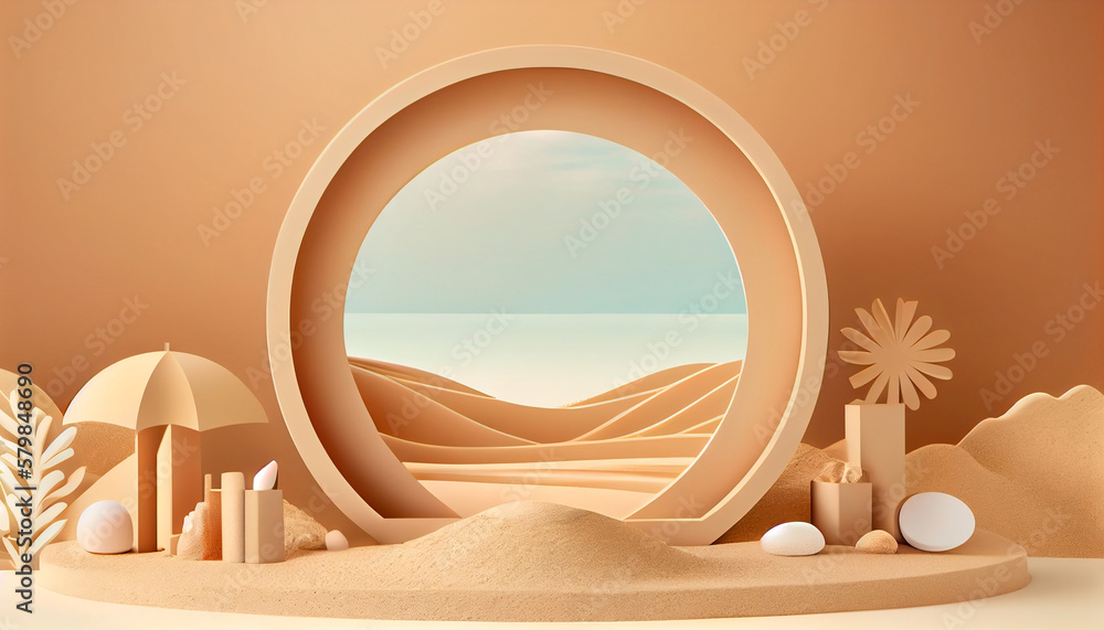 crops sand beach 3D podium display with ocean, Pastel beige background ...