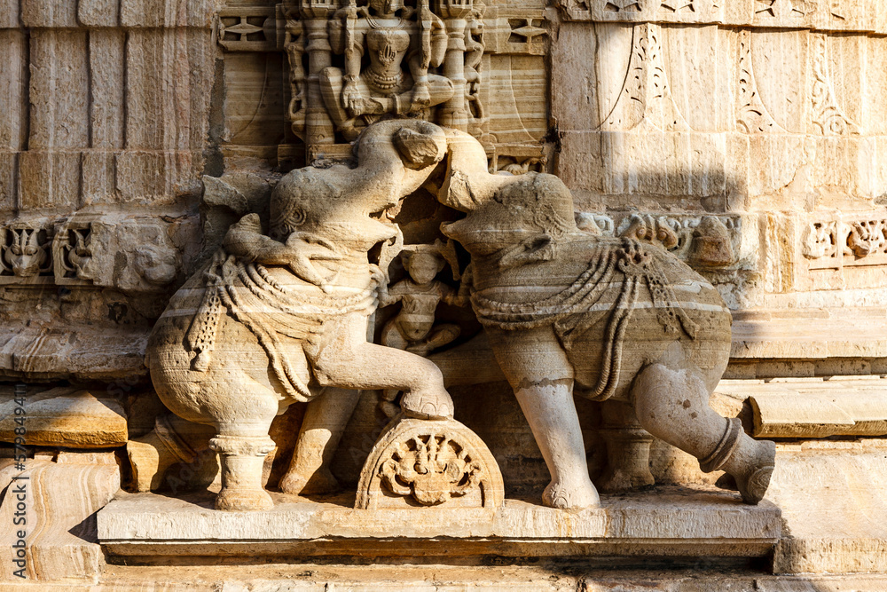 Stone carving of two elephants, Meera Jain Temple, Chittorgarh (Fort ...
