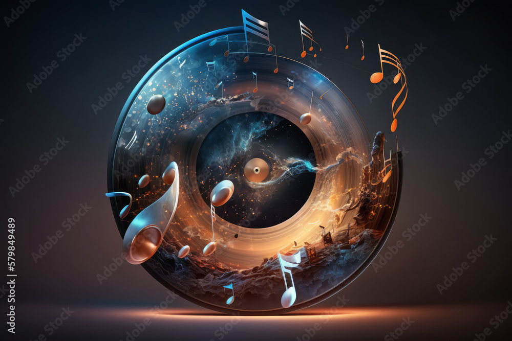 Colorful music notes background with sheet music, disc and treble clef ...