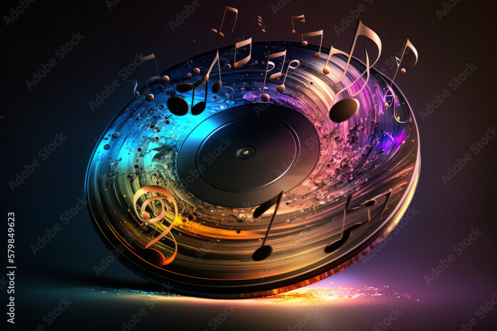 Colorful music notes background with sheet music, disc and treble clef ...