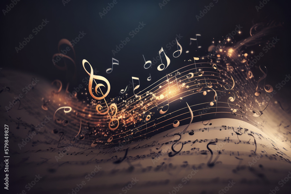Colorful music notes background with sheet music, disc and treble clef ...