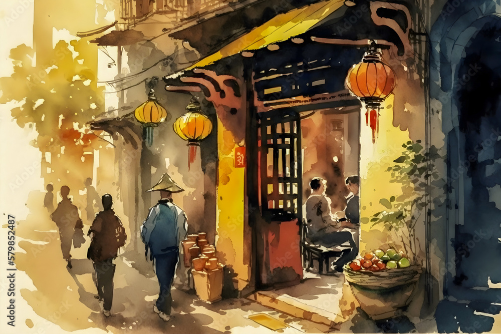 Watercolor painting of a traditional Chinese shop in a bustling quarter ...