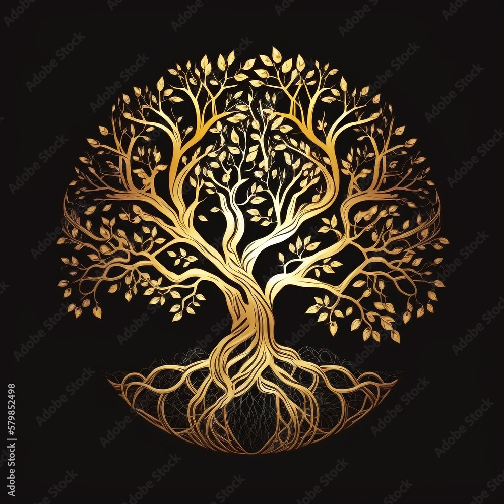 Golden Tree of Life over Black Background Banner Illustration , Sacred Tree Circular Shape ...