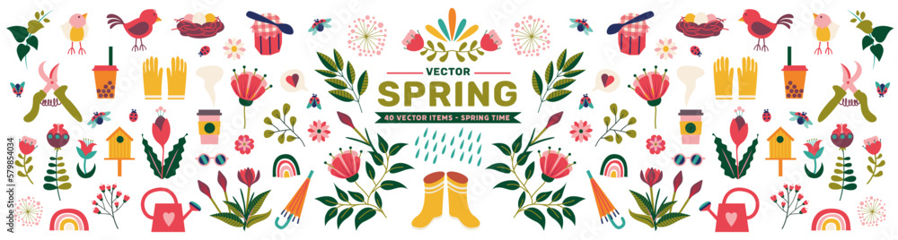 Vector illustrations of spring items. floral ornaments set design ...