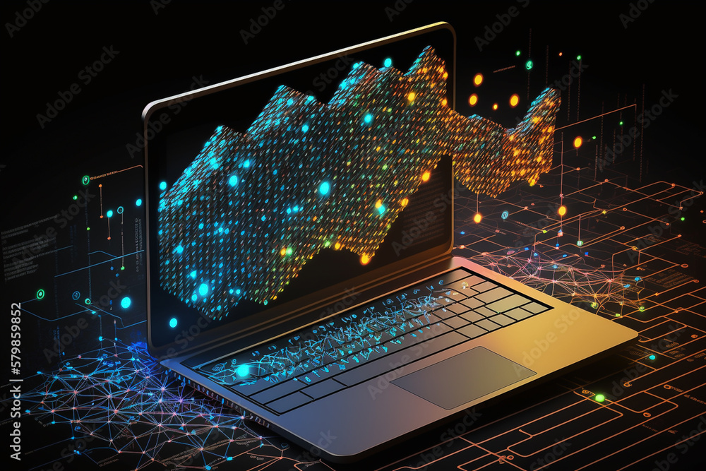 Big data technology background. Laptop against the background of ...