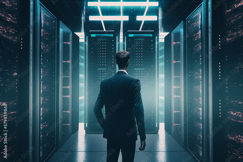 Data center and computer servers with information background, business ...