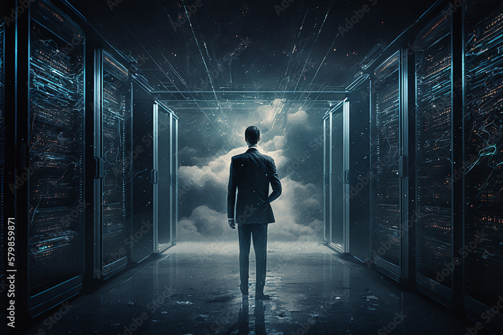 Data center and computer servers with information background, business ...