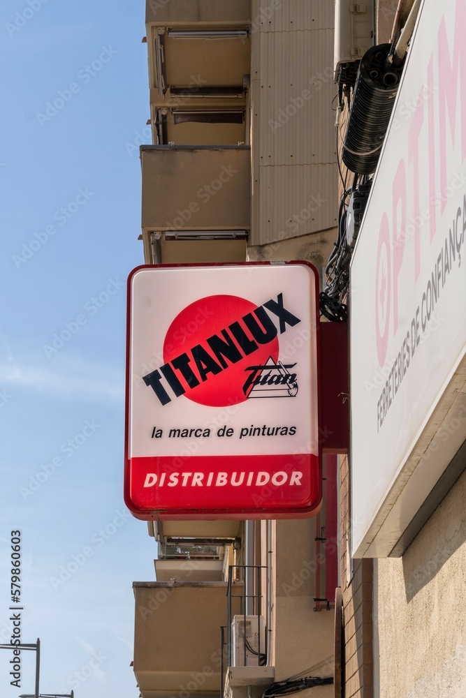 Barcelona, Spain-March 7, 2022. Titan paints sign, Titanlux paints and ...